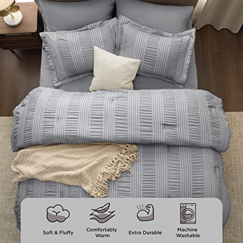 Bedsure Bed in a Bag Queen - Queen Comforter Set 7 Pieces Stripes Seersucker Bedding Set, Soft Lightweight Down Alternative Comforter, Queen Bed Set (Smoky Grey, Queen 88 x 88 Inch)