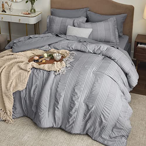 Bedsure Bed in a Bag Queen - Queen Comforter Set 7 Pieces Stripes Seersucker Bedding Set, Soft Lightweight Down Alternative Comforter, Queen Bed Set (Smoky Grey, Queen 88 x 88 Inch)