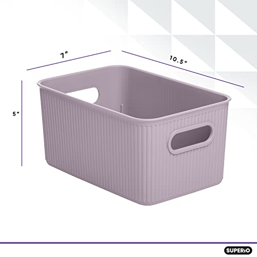 Superio Ribbed Collection - Decorative Plastic Open Home Storage Bins Organizer Baskets, Medium Lilac Purple (1 Pack) Container Boxes for Organizing Closet Shelves Drawer Shelf 5 Liter