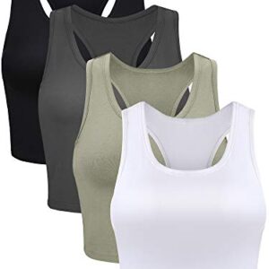 4 Pieces Basic Workout Crop Tank Tops Sleeveless Racerback Sport Tank Top for Women Yoga Running (Black, Charcoal Gray, Olive Green, Medium)