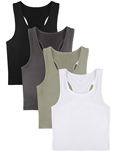 4 Pieces Basic Workout Crop Tank Tops Sleeveless Racerback Sport Tank Top for Women Yoga Running (Black, Charcoal Gray, Olive Green, Medium)