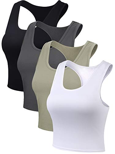 4 Pieces Basic Workout Crop Tank Tops Sleeveless Racerback Sport Tank Top for Women Yoga Running (Black, Charcoal Gray, Olive Green, Medium)