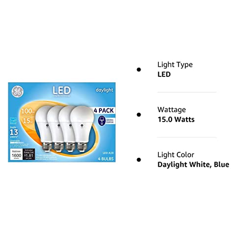 GE Daylight 100 Watt Replacement LED Light Bulbs, General Purpose, Bluish White Light Bulbs 4 Pack (Daylight, 4 Pack)