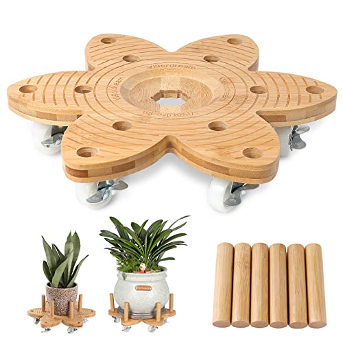 Vigordream Plant Caddy with Wheels 14" Heavy Duty Plant Rollers for Flower Pot, Bamboo Planter Dolly Holder Lockable Casters for Indoor Outdoor