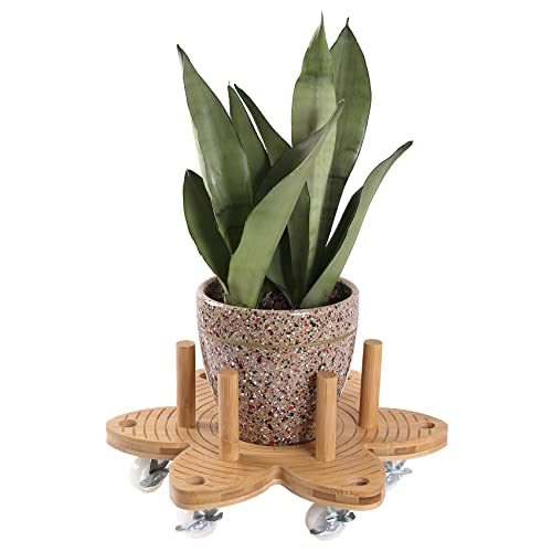 Vigordream Plant Caddy with Wheels 14" Heavy Duty Plant Rollers for Flower Pot, Bamboo Planter Dolly Holder Lockable Casters for Indoor Outdoor