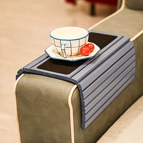 Sofa Arm Tray Table Slinky Secure/Flexible/Foldable Couch Tray Table with Non-Slip Mat for Drinks, Food, Phone or Remote. Sustainable Slinky Bamboo Design (16.5" L x 13.25" W x 0.4" H, Grey)