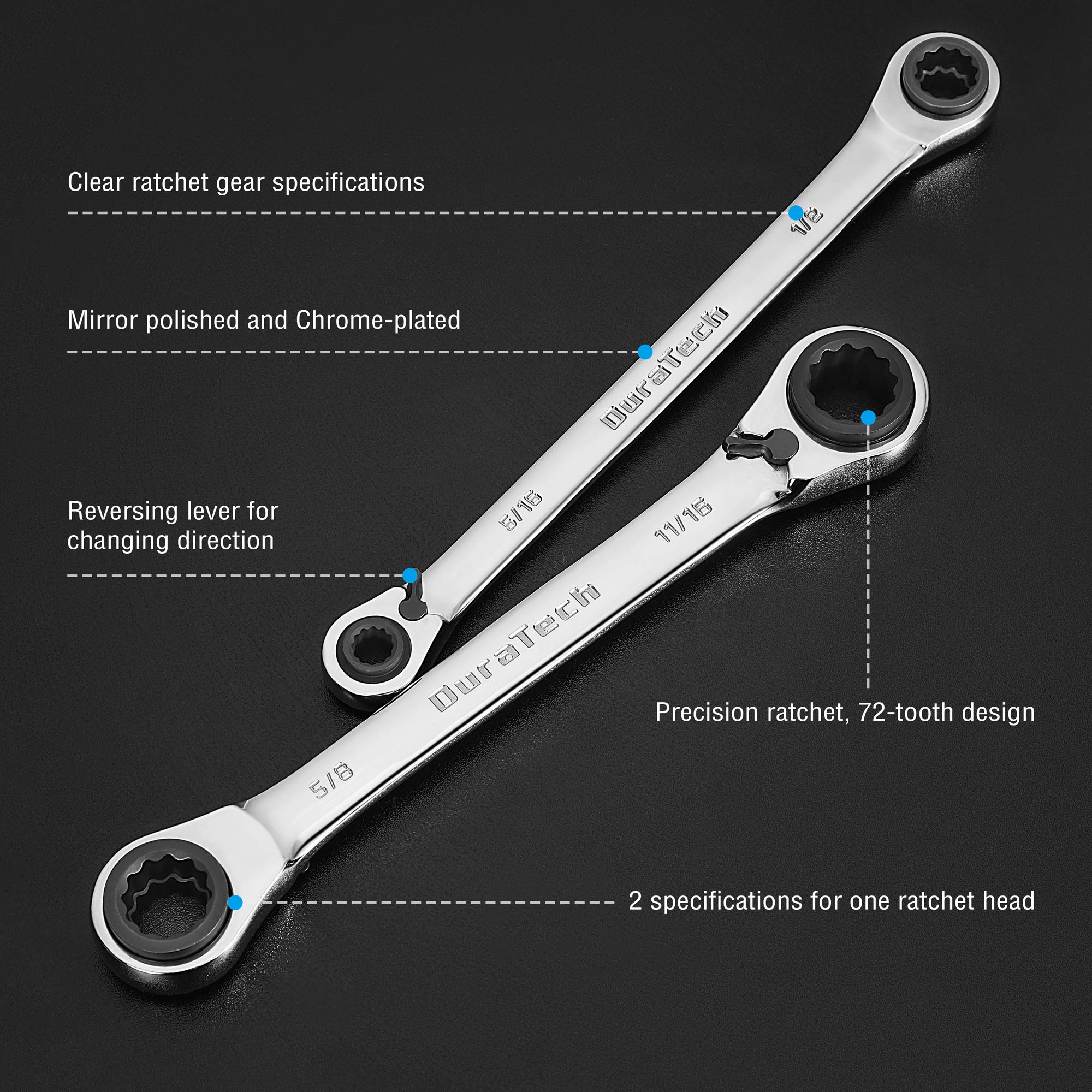 DURATECH Reversible Ratcheting Wrench Set, 4 in 1 Double Box End Wrench Set, SAE, 2-piece, 5/16, 3/8, 7/16, 1/2 & 9/16, 5/8, 11/16, 3/4-Inch, CR-V Steel, Mirror Polished, with Rolling Pouch