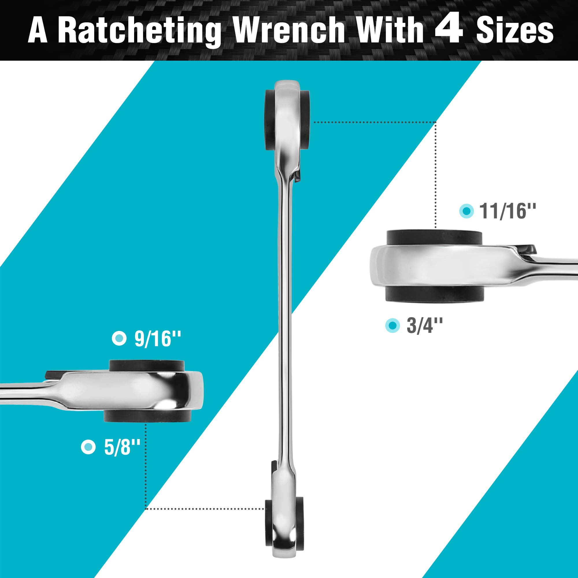 DURATECH Reversible Ratcheting Wrench Set, 4 in 1 Double Box End Wrench Set, SAE, 2-piece, 5/16, 3/8, 7/16, 1/2 & 9/16, 5/8, 11/16, 3/4-Inch, CR-V Steel, Mirror Polished, with Rolling Pouch