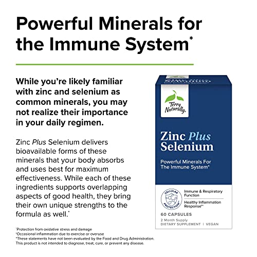 Terry Naturally Zinc Plus Selenium - 60 Capsules - Immune Support, Respiratory Function, Cellular Protection - Non-GMO, Vegan - 60 Servings