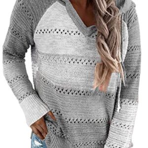 SHEWIN Womens Striped Color Block Lightweight Knit Hooded Sweater Casual Long Sleeve V Neck Drawstring Hoodies Pullover Sweatshirt Fall Outfits for Women,US 16-18(XL),Light Grey