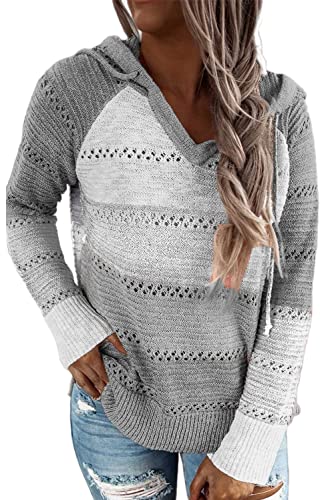 SHEWIN Womens Striped Color Block Lightweight Knit Hooded Sweater Casual Long Sleeve V Neck Drawstring Hoodies Pullover Sweatshirt Fall Outfits for Women,US 16-18(XL),Light Grey