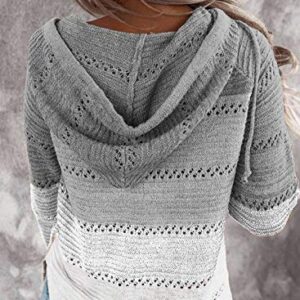 SHEWIN Womens Striped Color Block Lightweight Knit Hooded Sweater Casual Long Sleeve V Neck Drawstring Hoodies Pullover Sweatshirt Fall Outfits for Women,US 16-18(XL),Light Grey