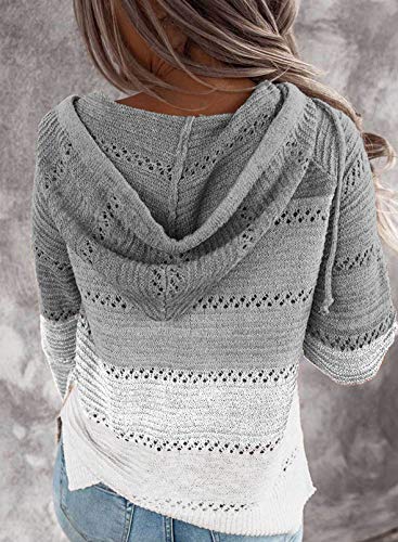 SHEWIN Womens Striped Color Block Lightweight Knit Hooded Sweater Casual Long Sleeve V Neck Drawstring Hoodies Pullover Sweatshirt Fall Outfits for Women,US 16-18(XL),Light Grey