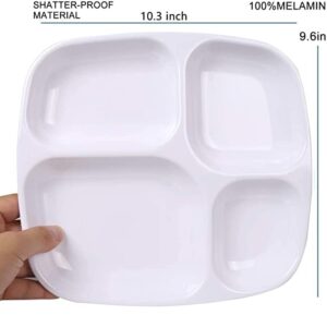 HOMEREFROM 8 Pcs -10.2”Meal Trays Melamine Compartment Dessert/Salad Plates, 4 Section Compartment Divided Plates, melamine platter,Salads, noodles, burgers,Safe for Dishwasher (White)