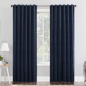 sun zero hampshire velvet noise reducing thermal extreme total blackout back tab curtain panel, 50" x 84", navy blue