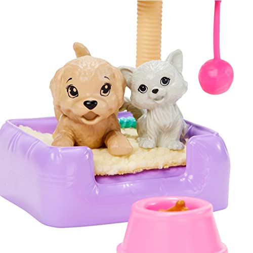 Barbie Doll Pet Theme Accessory Set - Storytelling Adventure Series ~ Pair with Dollhouse or Stand Alone Play ~ Puppy, Kitten, Scratching Post, Dog Bed, Toys and More