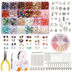 crystal beads for jewelry making, 2800pcs natural crystal bead gemstone chip beads for earring ring making kit with spacer beads earring hooks pendants charms wire string for diy bracelets beading kit