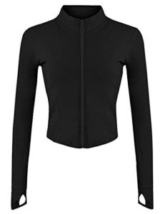 tanming women's full zip seamless workout jacket running yoga slim fit track jacket (black-s)