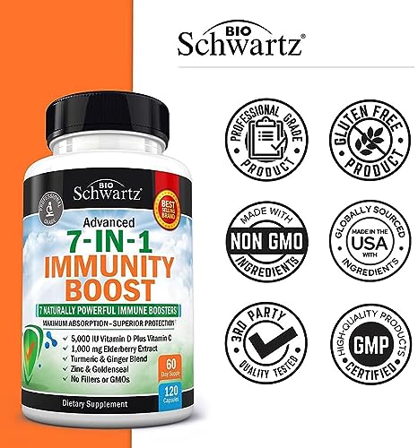 Immune Support Supplement with Zinc Vitamin C Vitamin D 5000 IU Elderberry Ginger D3 Goldenseal - Dr Approved Immunity Vitamins for Adults Women and Men - Natural Immune System Booster Defense -120ct