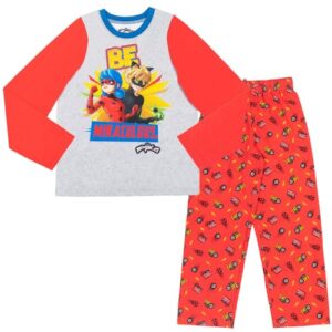 miraculous ladybug cat noir little girls long sleeve pajama pant set red/gray 6x