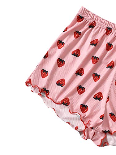 SweatyRocks Women's Summer Strawberry Print Cami Top and Shorts Sleepwear Pajamas Set Strawberry Pink M