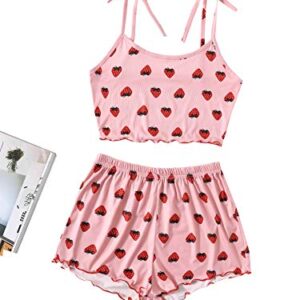 SweatyRocks Women's Summer Strawberry Print Cami Top and Shorts Sleepwear Pajamas Set Strawberry Pink M