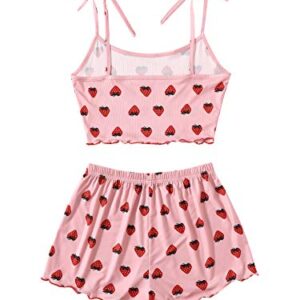 SweatyRocks Women's Summer Strawberry Print Cami Top and Shorts Sleepwear Pajamas Set Strawberry Pink M