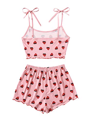 SweatyRocks Women's Summer Strawberry Print Cami Top and Shorts Sleepwear Pajamas Set Strawberry Pink M