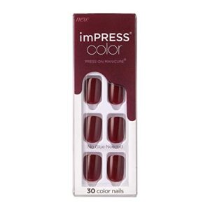 kiss impress color press-on manicure, gel nail kit, purefit technology, short length, “i'm not a cinna”, polish-free solid color mani, includes prep pad, mini file, cuticle stick, and 30 fake nails