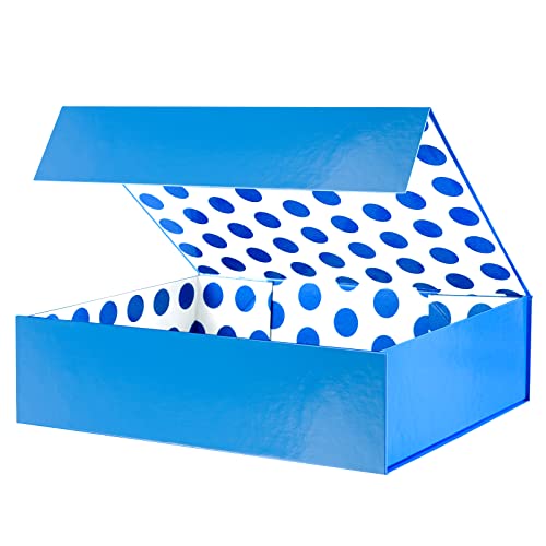 GREEN BEAN Gift Box 13x9.7x3.4 Inches, Large Blue Gift Box with Lid, Shirt Gift Box, Magnetic Gift Box for Gift Packaging (Glossy Metallic Blue, Polka Dot Design Inside)