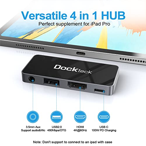 USB C Hub Adapter for iPad Pro 2021 2020 2018 11 12.9 / iPad Air 4 10.9 iPad mini6 Dockteck 4 in 1 iPad Pro USB-C Hub with 100W Power Delivery, 4K@60Hz HDMI Port, USB 2.0 Port and 3.5mm Headphone Jack