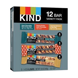 kind nut bars favorites variety count, 1.4 ounce, 12 count, dark chocolate nuts and sea salt, peanut butter dark chocolate, caramel almond and sea salt