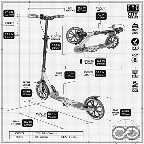 Crazy Skates Tokyo Foldable Kick Scooter (TYO) - Features Adjustable Height Handlebars, handbrake and Aluminum Deck City Series