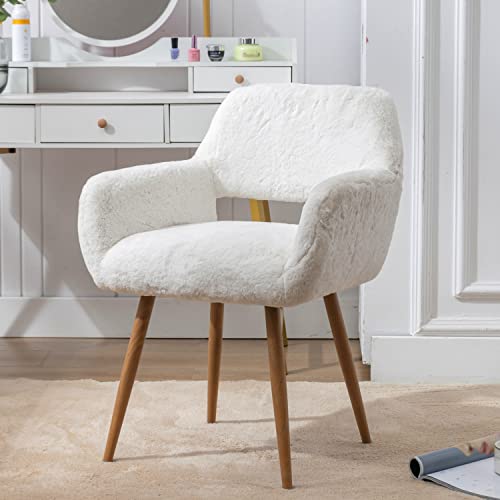 SSLine Faux Fur Vanity Chair Elegant White Furry Makeup Desk Chairs for Girls Women Modern Comfy Fluffy Arm Chair with Wood Look Metal Legs in Bedroom Living Room