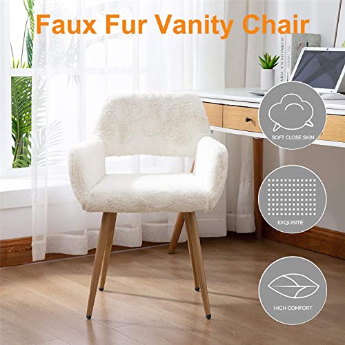 SSLine Faux Fur Vanity Chair Elegant White Furry Makeup Desk Chairs for Girls Women Modern Comfy Fluffy Arm Chair with Wood Look Metal Legs in Bedroom Living Room