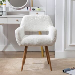 SSLine Faux Fur Vanity Chair Elegant White Furry Makeup Desk Chairs for Girls Women Modern Comfy Fluffy Arm Chair with Wood Look Metal Legs in Bedroom Living Room