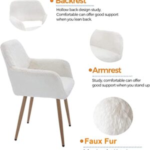 SSLine Faux Fur Vanity Chair Elegant White Furry Makeup Desk Chairs for Girls Women Modern Comfy Fluffy Arm Chair with Wood Look Metal Legs in Bedroom Living Room