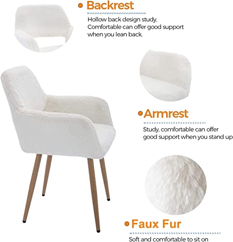 SSLine Faux Fur Vanity Chair Elegant White Furry Makeup Desk Chairs for Girls Women Modern Comfy Fluffy Arm Chair with Wood Look Metal Legs in Bedroom Living Room