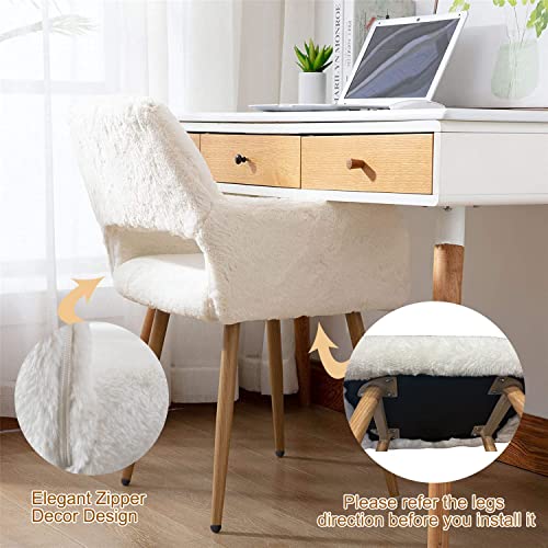 SSLine Faux Fur Vanity Chair Elegant White Furry Makeup Desk Chairs for Girls Women Modern Comfy Fluffy Arm Chair with Wood Look Metal Legs in Bedroom Living Room