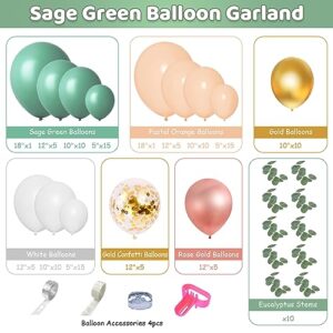 166Pcs Sage Olive Green Blush Peach Balloon Garland Arch Kit Orange White Green Gold Balloons Eucalyptus for Tropical Wedding Jungle Safari Greenery Baby Shower Birthday Party Decorations