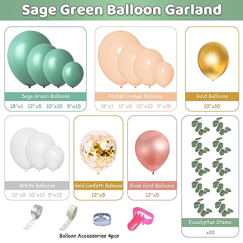 166Pcs Sage Olive Green Blush Peach Balloon Garland Arch Kit Orange White Green Gold Balloons Eucalyptus for Tropical Wedding Jungle Safari Greenery Baby Shower Birthday Party Decorations