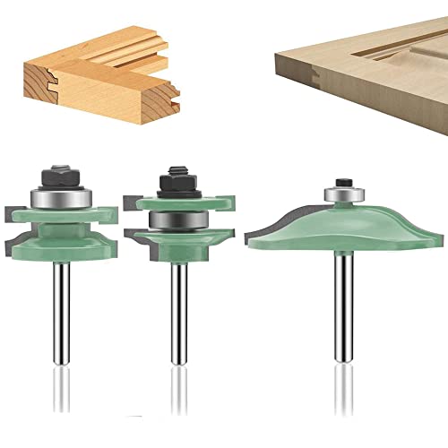 LEATBUY 1/4-Inch Shank Raised Panel Router Bit Set 3 PCS, Round Over Cabinet Door Rail and Stile Router Bits, Woodworking Wood Cutter, Wood Carbide Groove Tongue Milling Tool(1/2-H Double)