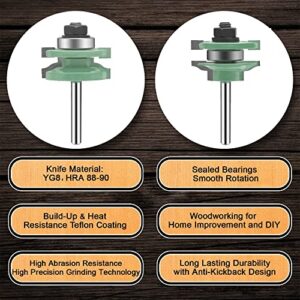 LEATBUY 1/4-Inch Shank Raised Panel Router Bit Set 3 PCS, Round Over Cabinet Door Rail and Stile Router Bits, Woodworking Wood Cutter, Wood Carbide Groove Tongue Milling Tool(1/2-H Double)