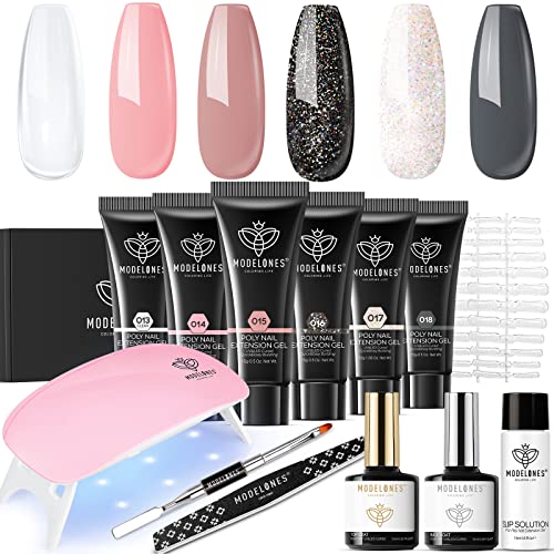 Modelones Poly Nail Extension Gel Kit - 6 Colors Poly Nails Gel Kit Nude Clear Black Pink All In One Starter Kit Builder Glue Gel with Nail Lamp Base Top Coat Set for Beginner DIY at Home Gifts