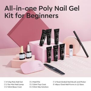 Modelones Poly Nail Extension Gel Kit - 6 Colors Poly Nails Gel Kit Nude Clear Black Pink All In One Starter Kit Builder Glue Gel with Nail Lamp Base Top Coat Set for Beginner DIY at Home Gifts