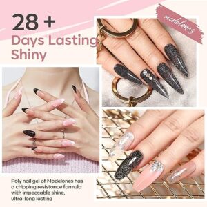 Modelones Poly Nail Extension Gel Kit - 6 Colors Poly Nails Gel Kit Nude Clear Black Pink All In One Starter Kit Builder Glue Gel with Nail Lamp Base Top Coat Set for Beginner DIY at Home Gifts