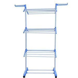 TFCFL 66” 3 Tier Clothes Drying Rack, Upthehill Collapsible Rolling Stainless Laundry Dryer Hanger with Foldable Wings and Casters Collapsible Garment Laundry Rack for Indoor/Outdoor (Blue)