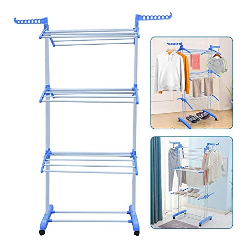 TFCFL 66” 3 Tier Clothes Drying Rack, Upthehill Collapsible Rolling Stainless Laundry Dryer Hanger with Foldable Wings and Casters Collapsible Garment Laundry Rack for Indoor/Outdoor (Blue)