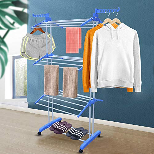 TFCFL 66” 3 Tier Clothes Drying Rack, Upthehill Collapsible Rolling Stainless Laundry Dryer Hanger with Foldable Wings and Casters Collapsible Garment Laundry Rack for Indoor/Outdoor (Blue)