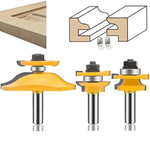 leatbuy 3 pcs router bit set 1/2 inch shank round over raised panel cabinet door rail and stile router bits, woodworking wood cutter, wood carbide groove tongue milling tool(1/2-double)